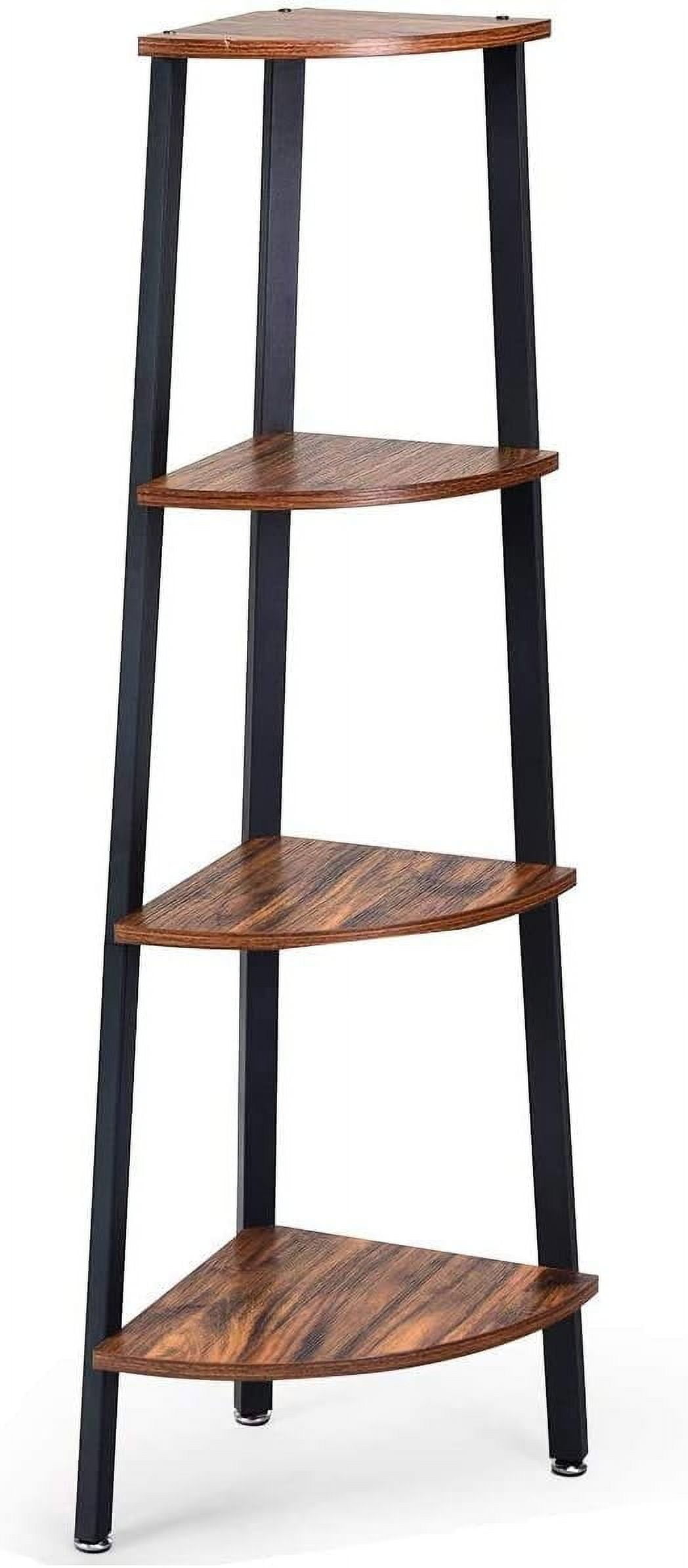 4-Tier Industrial Corner Shelf, Corner Ladder Bookcase w/Metal Frame ...
