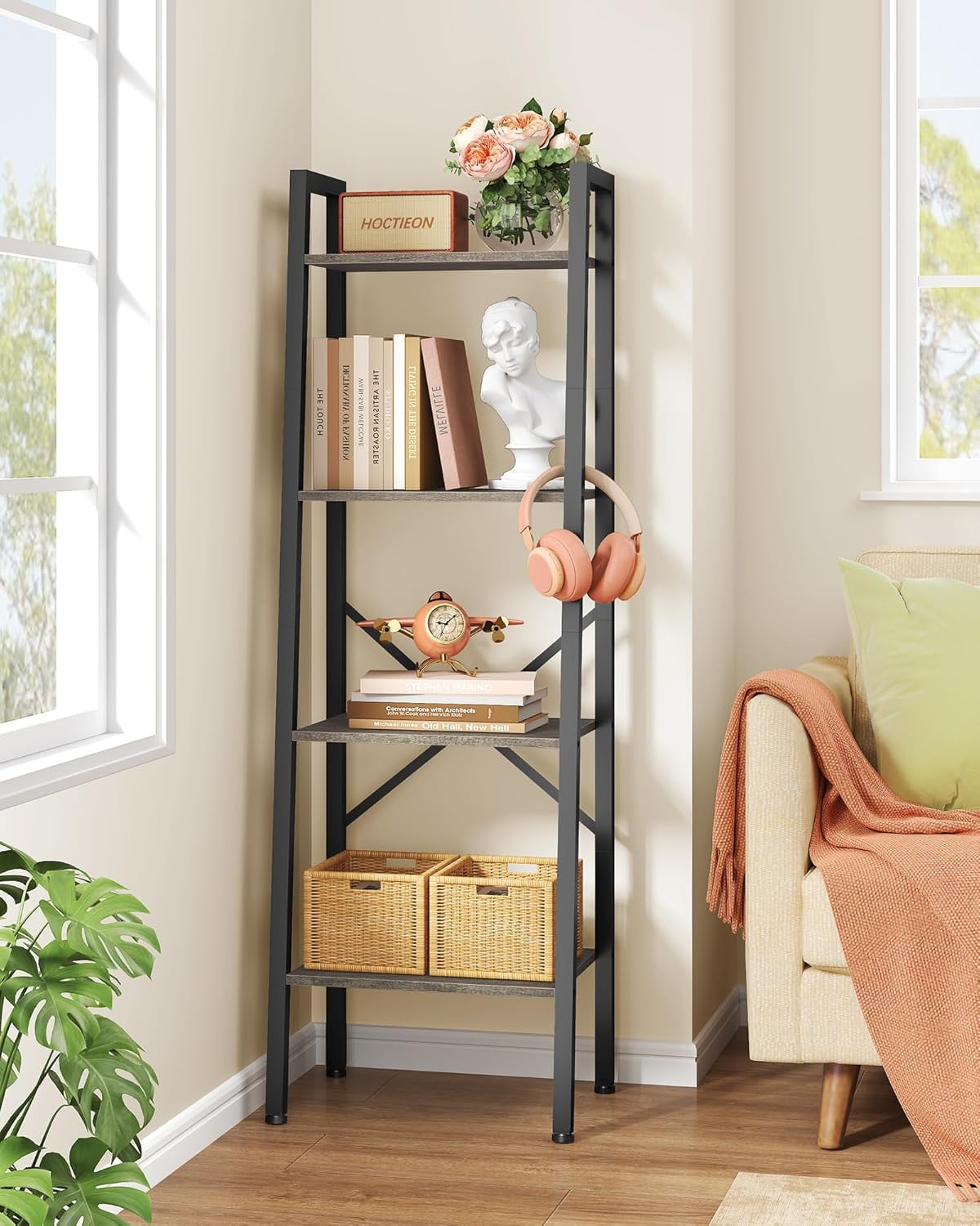 4-Tier Industrial Ladder Bookshelf, Narrow Ladder Shelf, Tall Standing ...