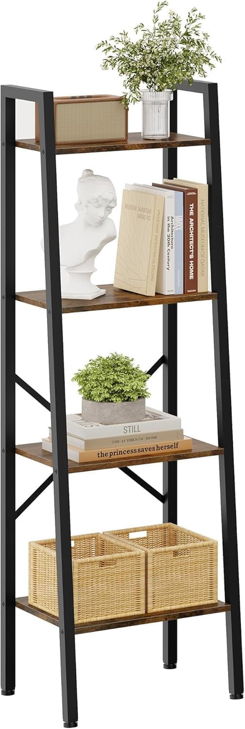 4-Tier Industrial Ladder Bookshelf, Narrow Ladder Shelf, Tall Standing ...