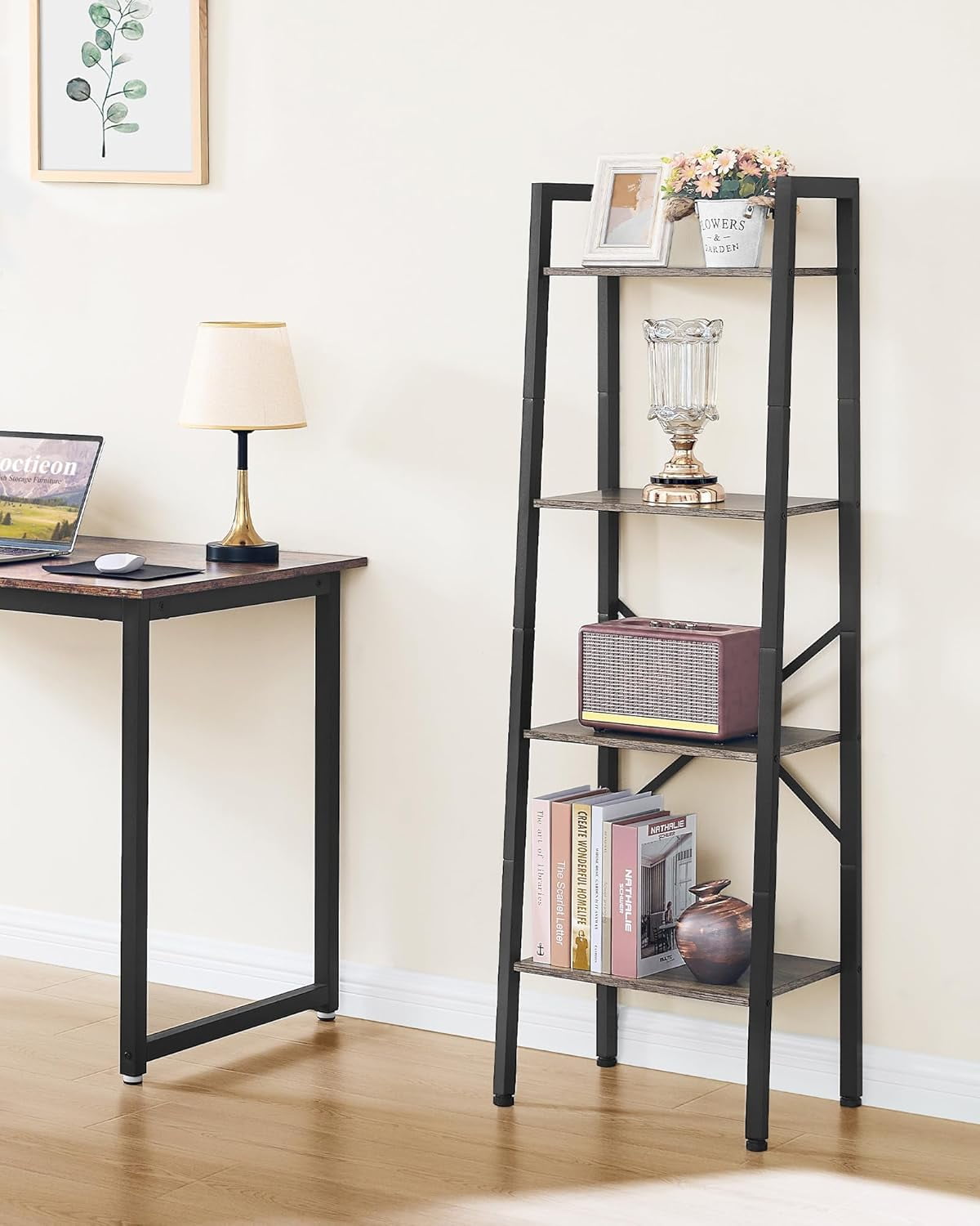 4-Tier Industrial Ladder Bookshelf, Narrow Ladder Shelf, Tall Standing ...
