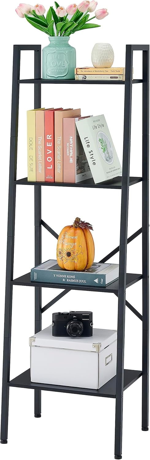 4-Tier Industrial Ladder Bookshelf, Narrow Ladder Shelf, Tall Standing ...