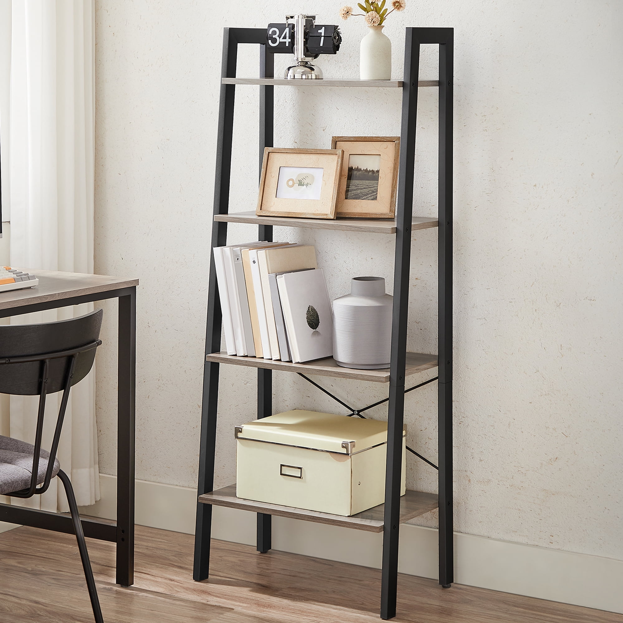 4-Tier Industrial Ladder Shelf - Sturdy Steel Frame Bookcase with ...