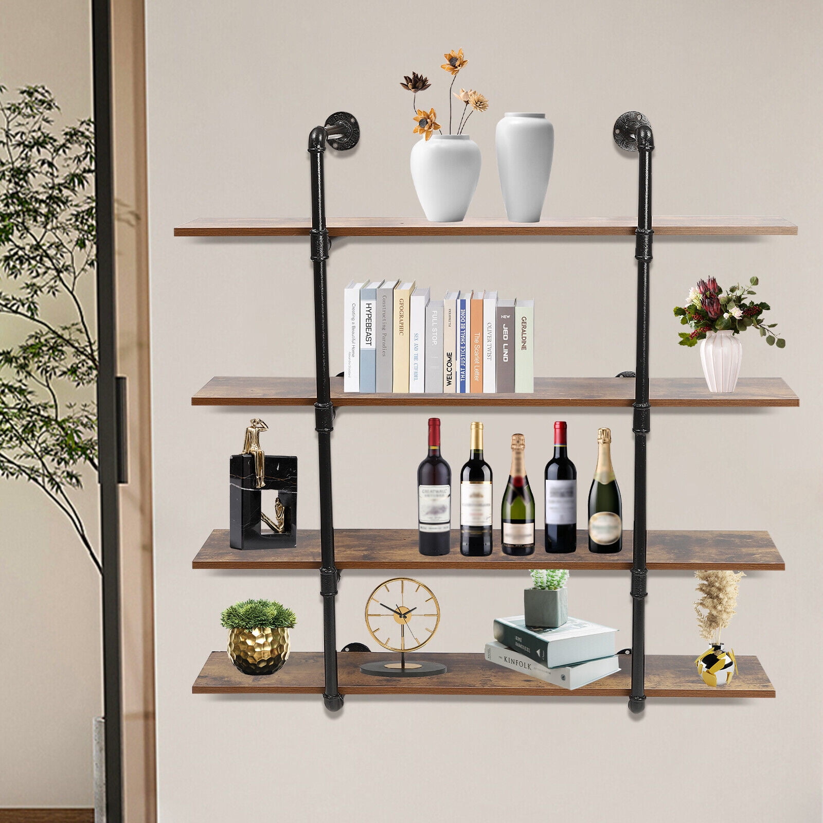 4-Tier Industrial Pipe Shelf Wall-Mounted Rustic Metal Floating Wine ...