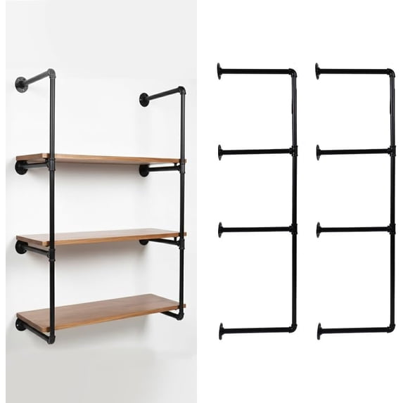 4-Tier Industrial Pipe Shelving Bracket System, Black Iron Wall Mount ...