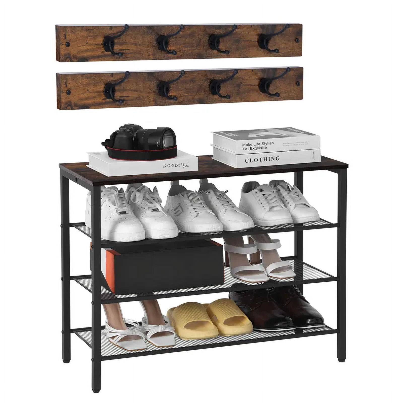4-Tier Industrial Shoe Rack with Coat Hook, Rustic Brown Wooden Top & 3 ...