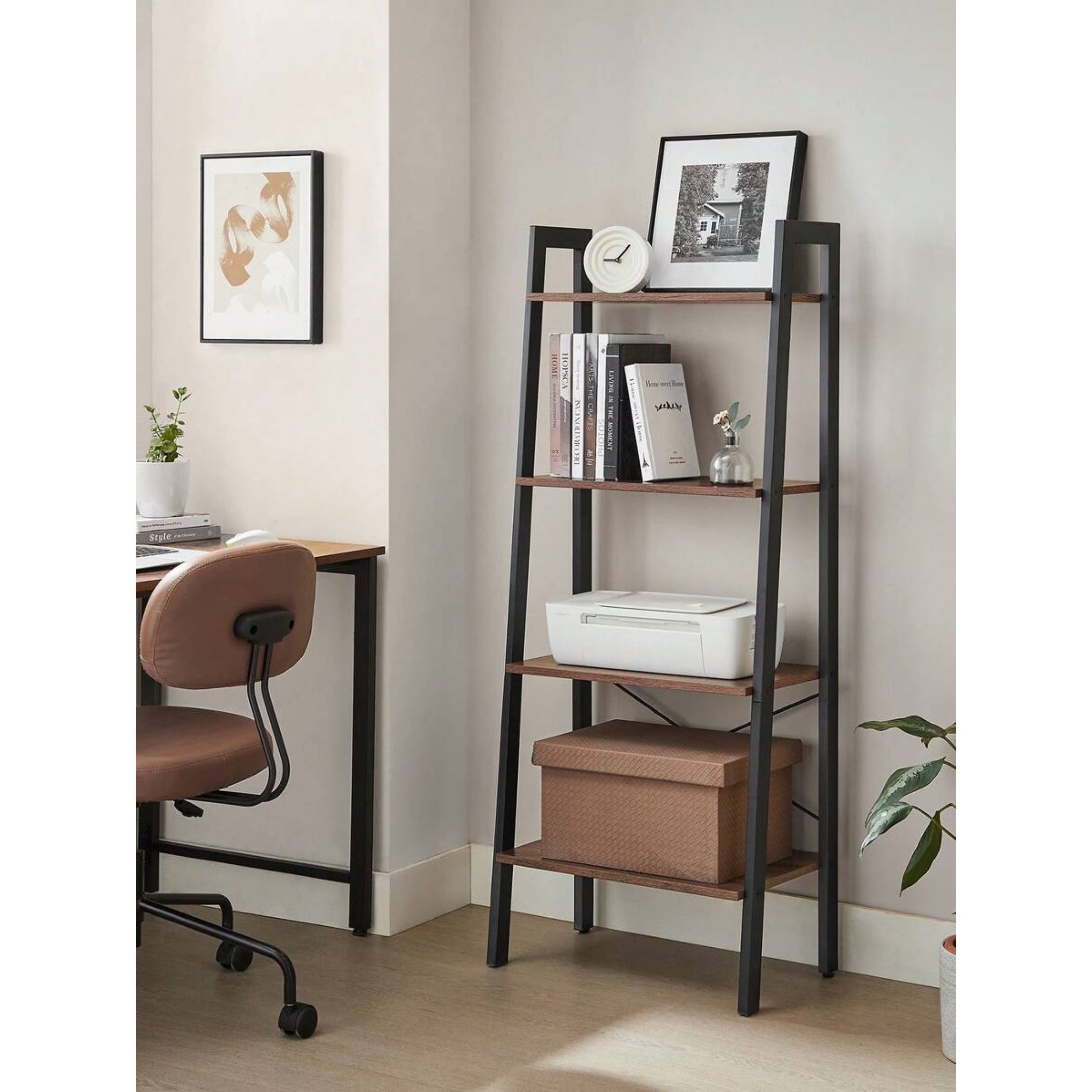 4-Tier Industrial Style Ladder Shelf, Steel Frame Bookcase & Storage ...