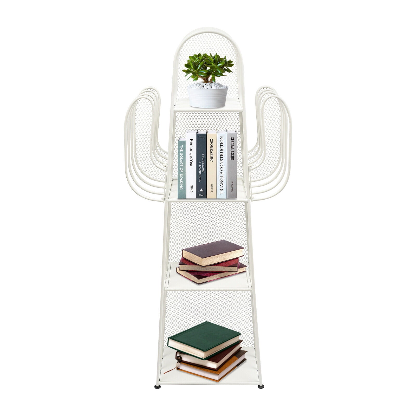 4-Tier Iron Book Shelf Cactus Bookcase W/ Mesh Baffle+6 Compartments ...
