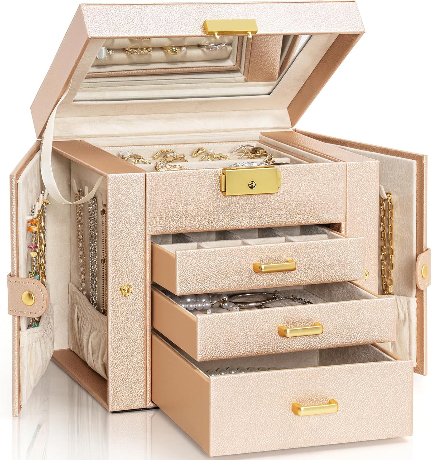 4-Tier Jewelry Box Leather Jewelry Storage Organizer with 3 Drawers ...