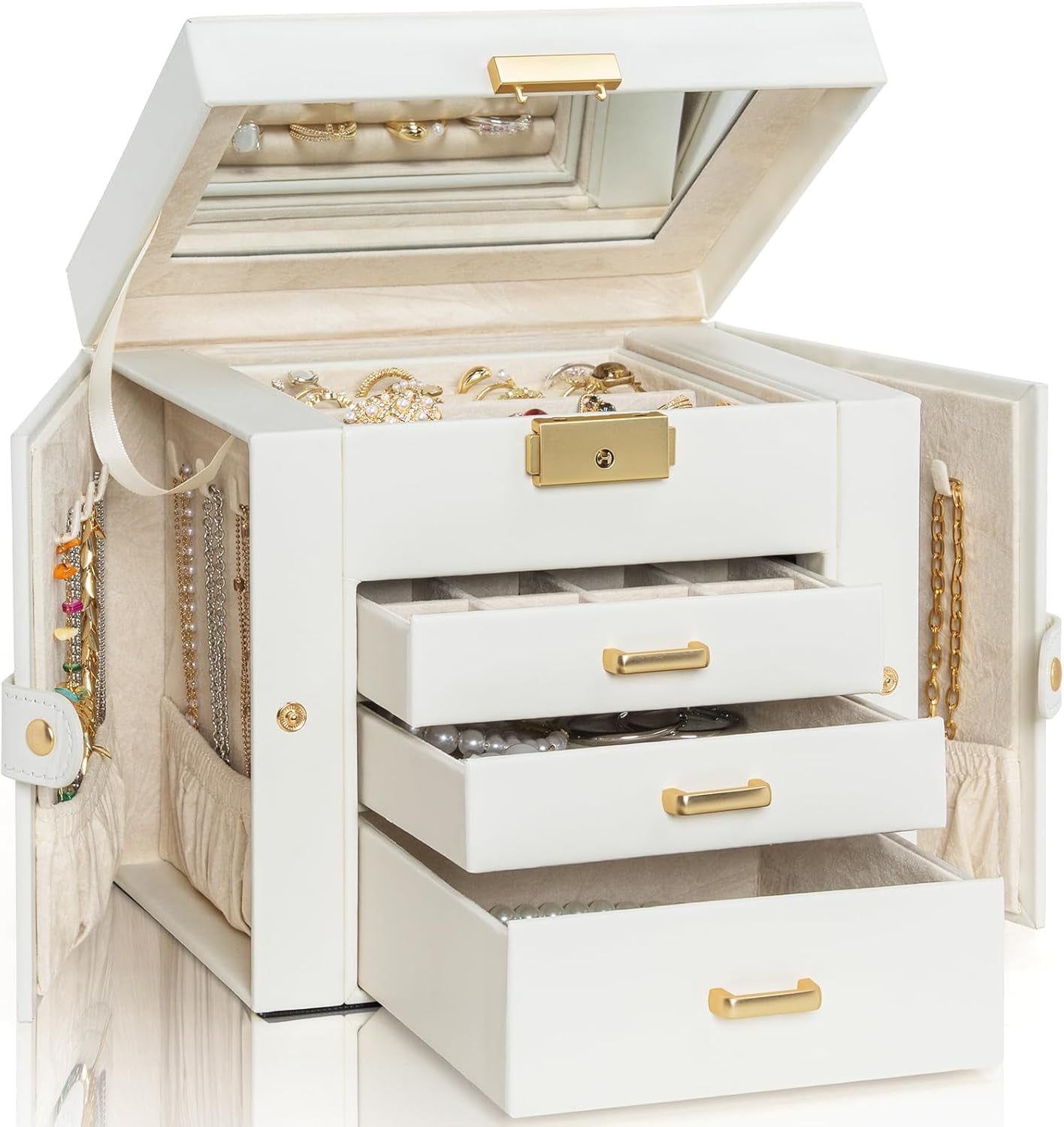4-Tier Jewelry Box Leather Jewelry Storage Organizer with 3 Drawers ...