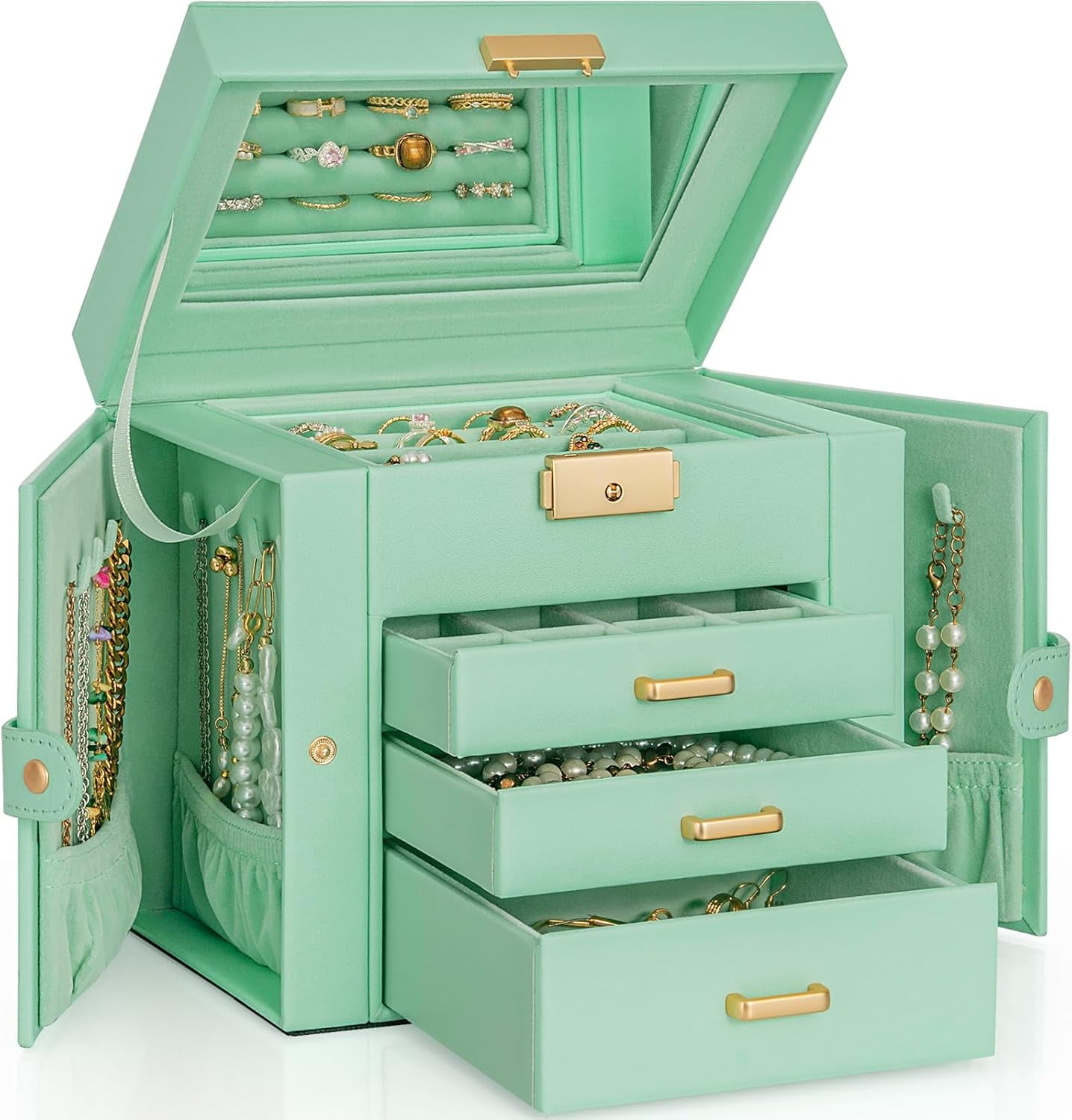 4-Tier Jewelry Box Leather Jewelry Storage Organizer with 3 Drawers ...