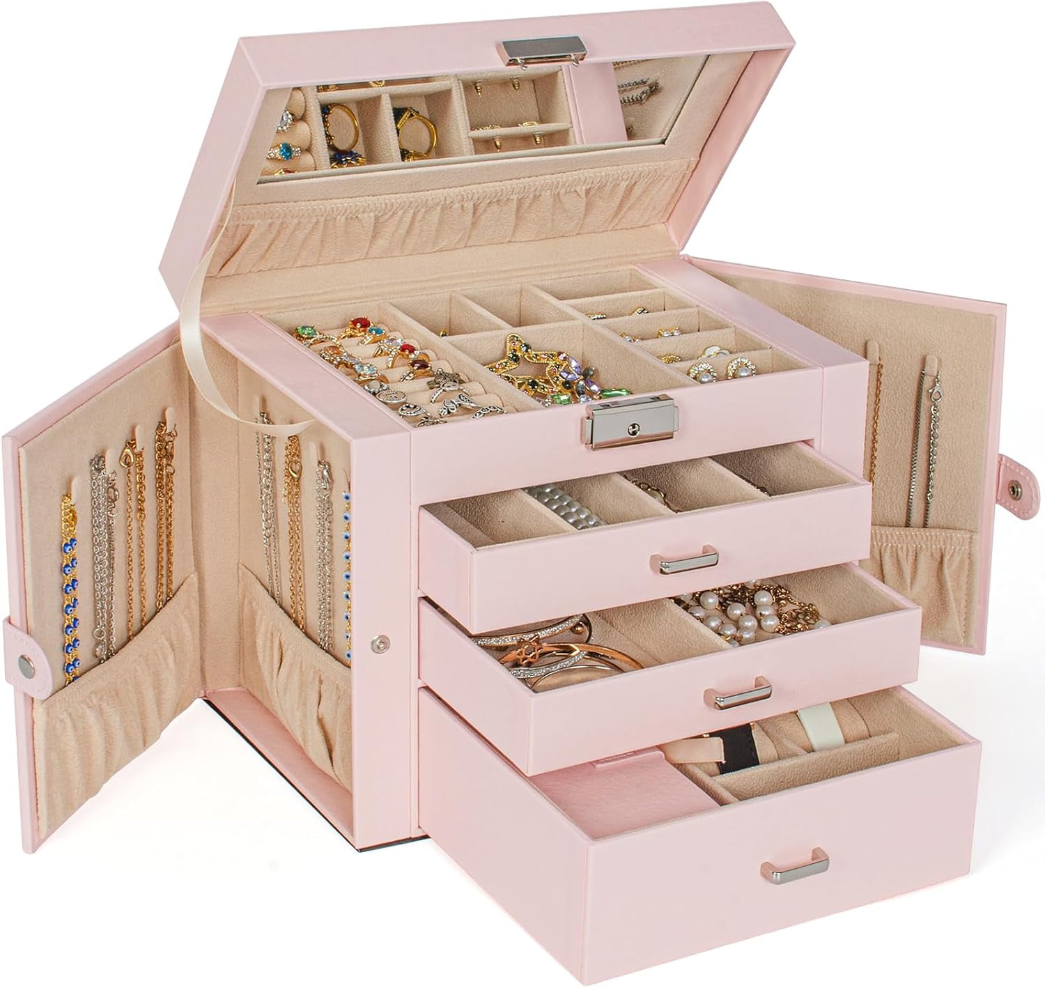 4-Tier Jewelry Box Lockable Leather Jewelry Storage Case Organizer with ...