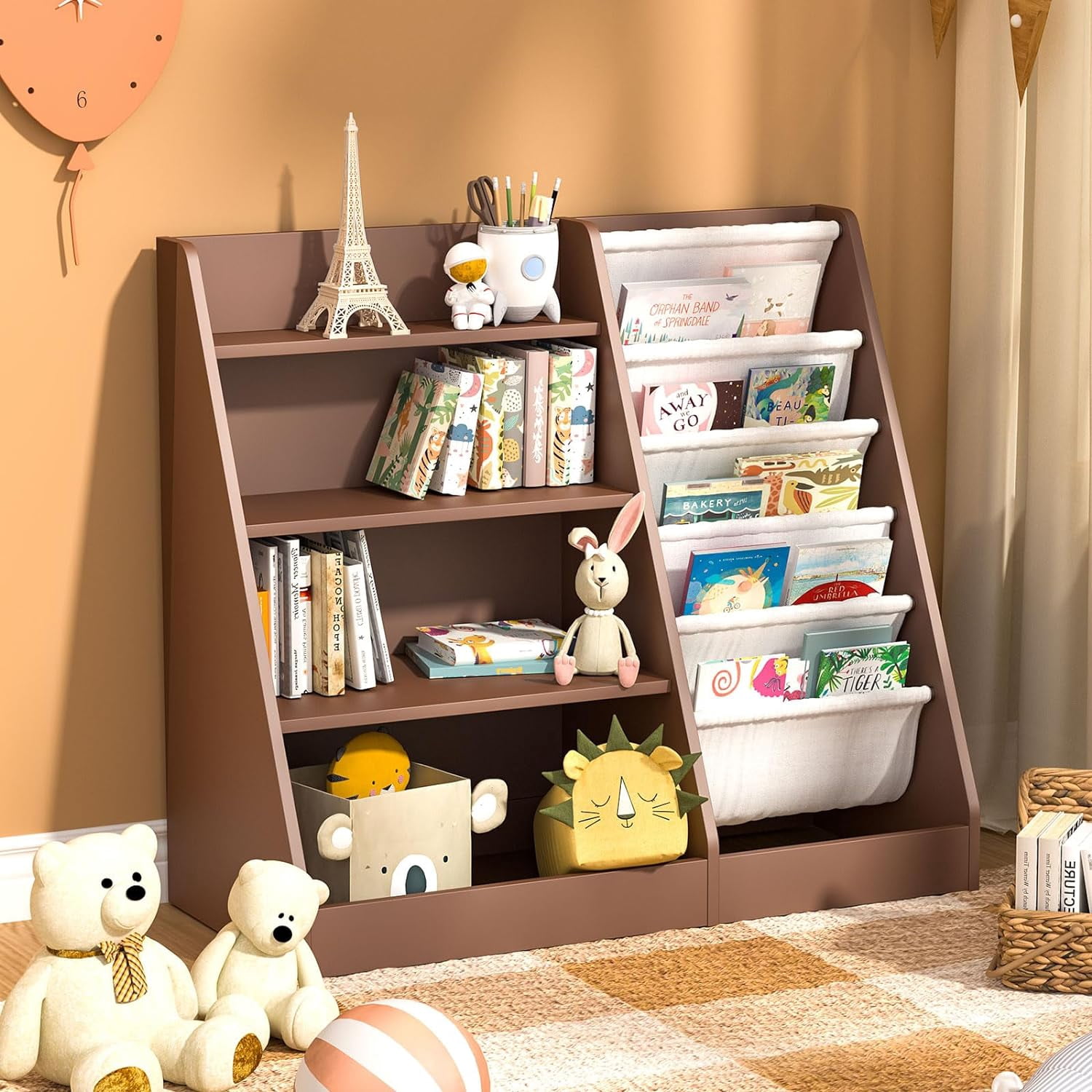 4 Tier Kid Bookshelf Wooden 5 Sling Children Bookcase Toddler ...
