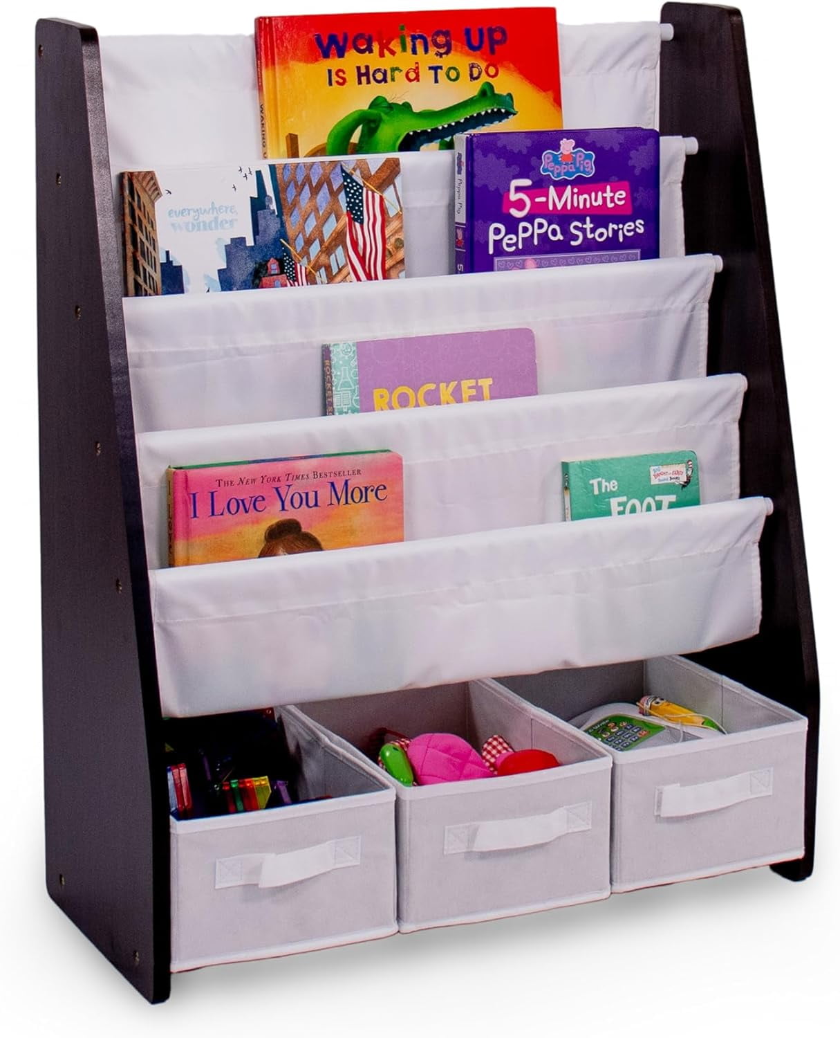 4-Tier Kids Bookshelf and 3 Bins Toy Storage, Espresso and White - Book ...