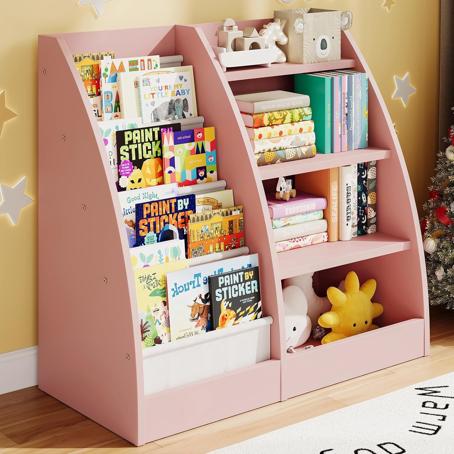 4 Tier Kids Bookshelf, 4 Layer Sling Kids Book Shelf for Kids Rooms ...