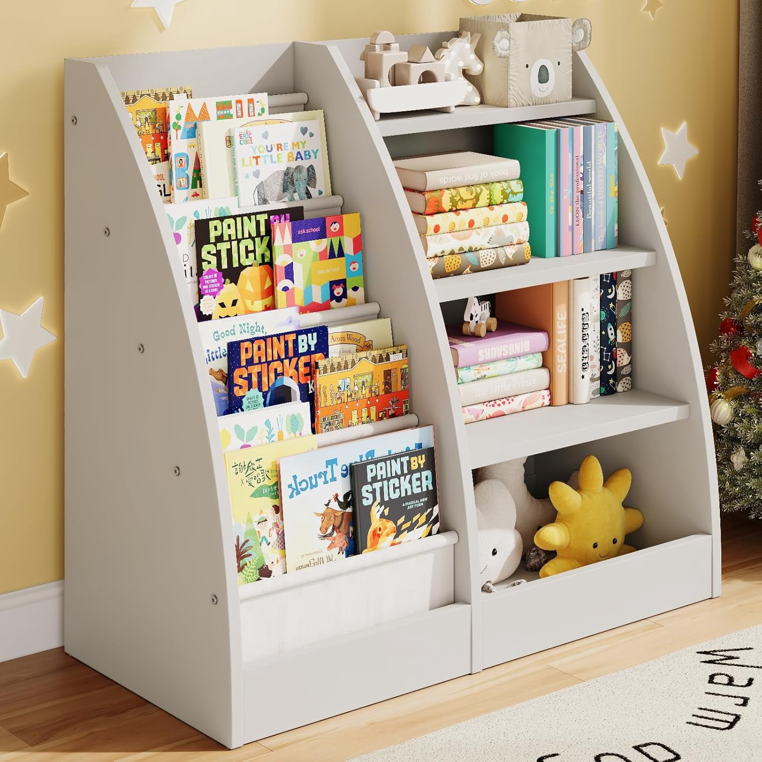 4 Tier Kids Bookshelf, 4 Layer Sling Kids Book Shelf for Kids Rooms ...