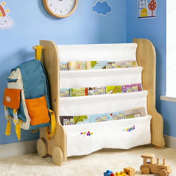 4-Tier Kids Bookshelf, Book Shelf with Deep Fabric Pockets & Hanging ...