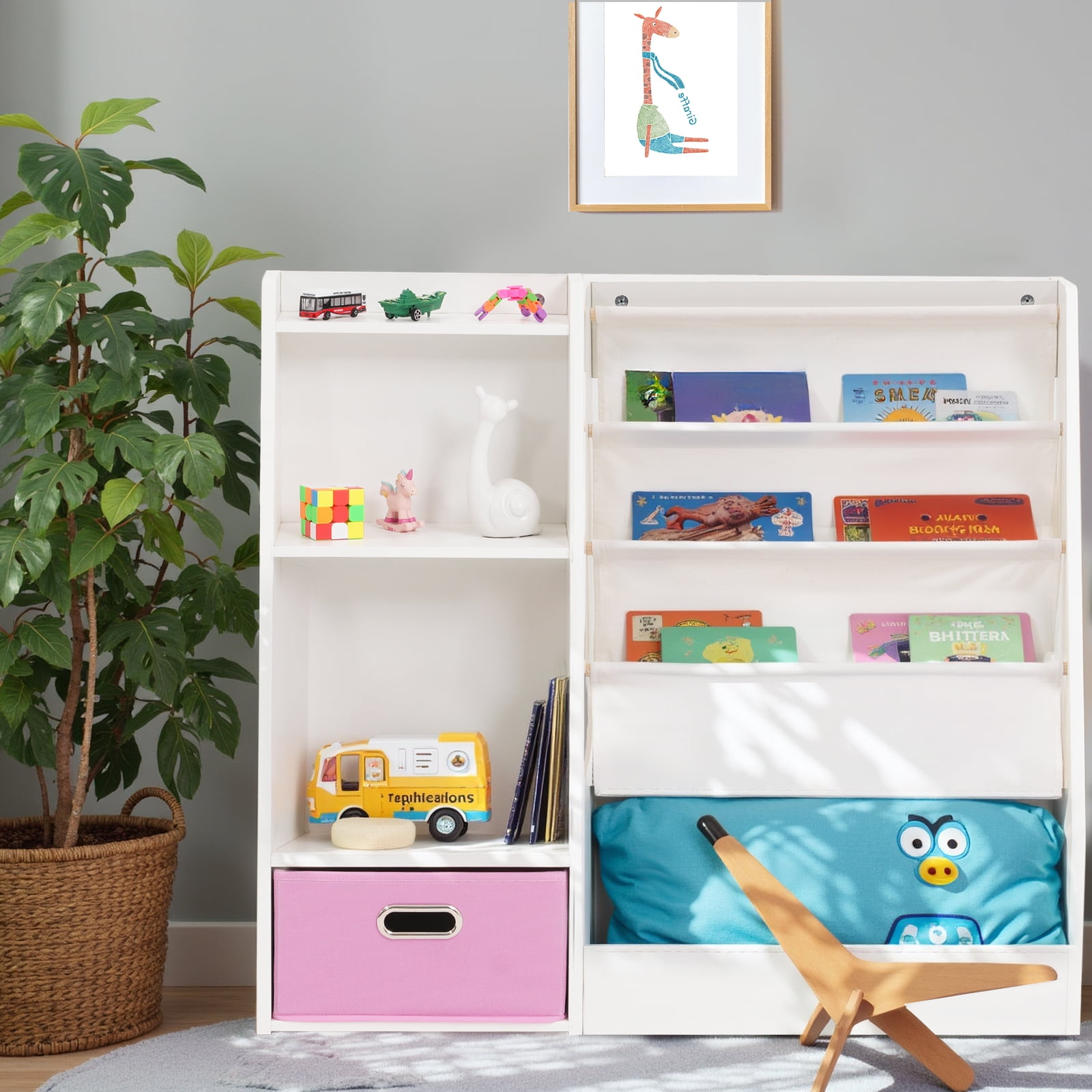 4 Tier Kids Bookshelf- Storage Rack & 3 Layers Sling Pockets with ...