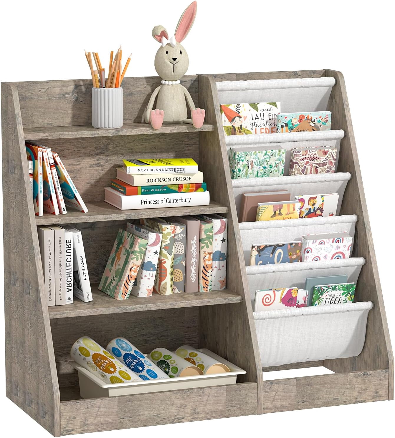 4 Tier Kids Bookshelf Wooden, Five Layer Sling Children Bookcase, Baby ...
