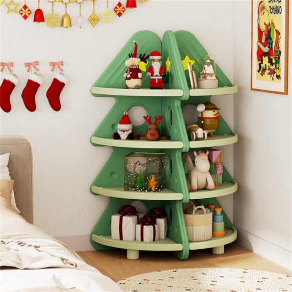 4-Tier Kids Christmas Tree Corner Bookshelf Green PP&HDPE Anti-Falling ...