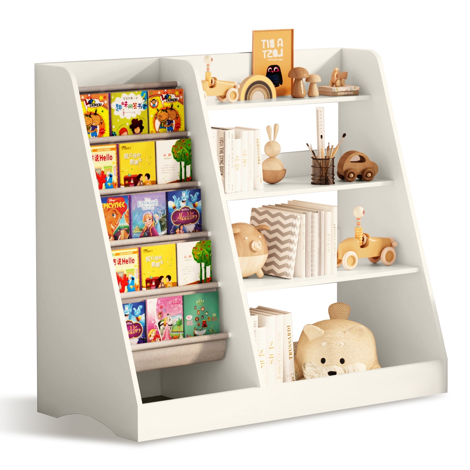 4 Tier Kids Wooden Bookshelf,Baby Storage Book Rack,5 Sling Shelf ...