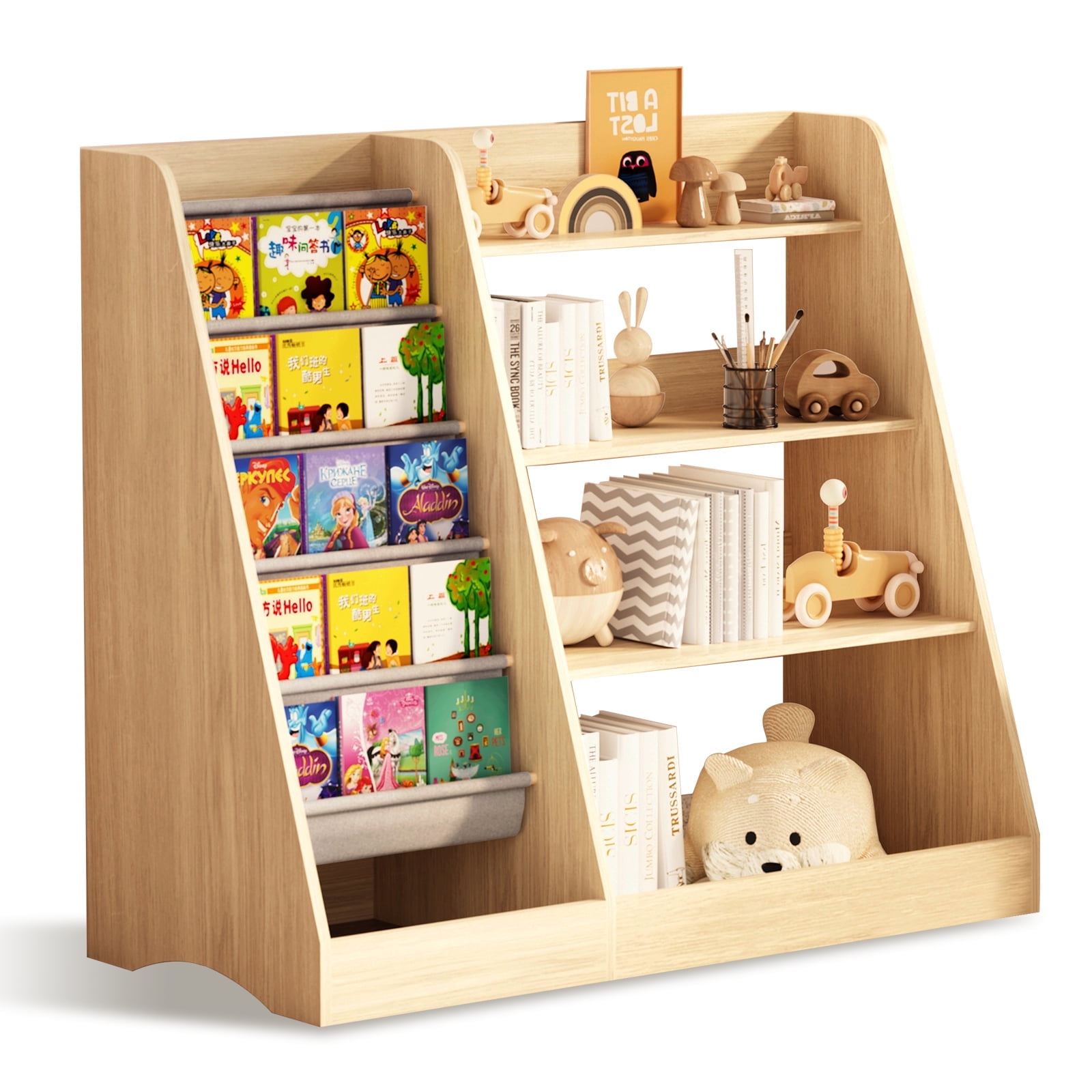 4 Tier Kids Wooden Bookshelf,Baby Storage Book Rack,5 Sling Shelf ...