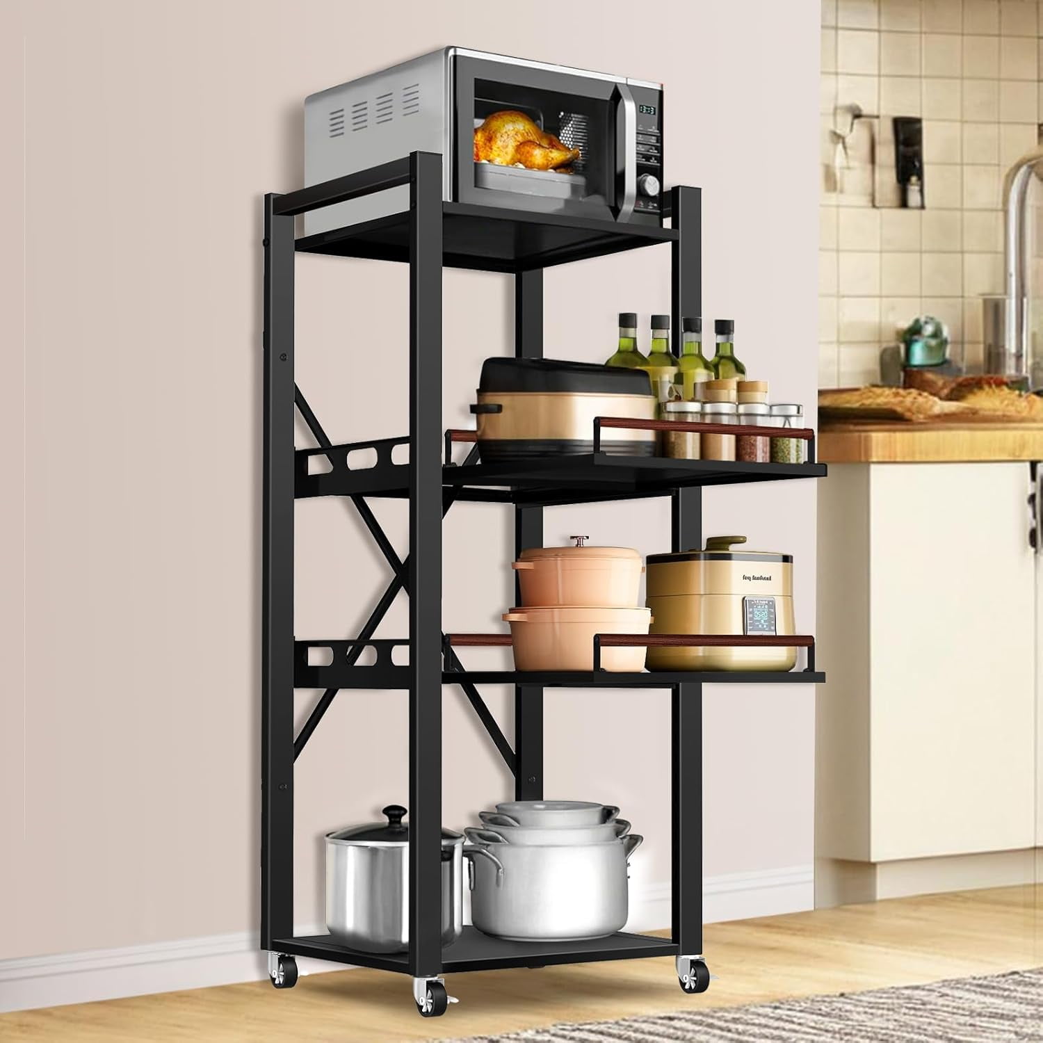 4-Tier Kitchen Baker Rack with 2 Pull-Out Shelves,Heavy-Duty Carbon ...
