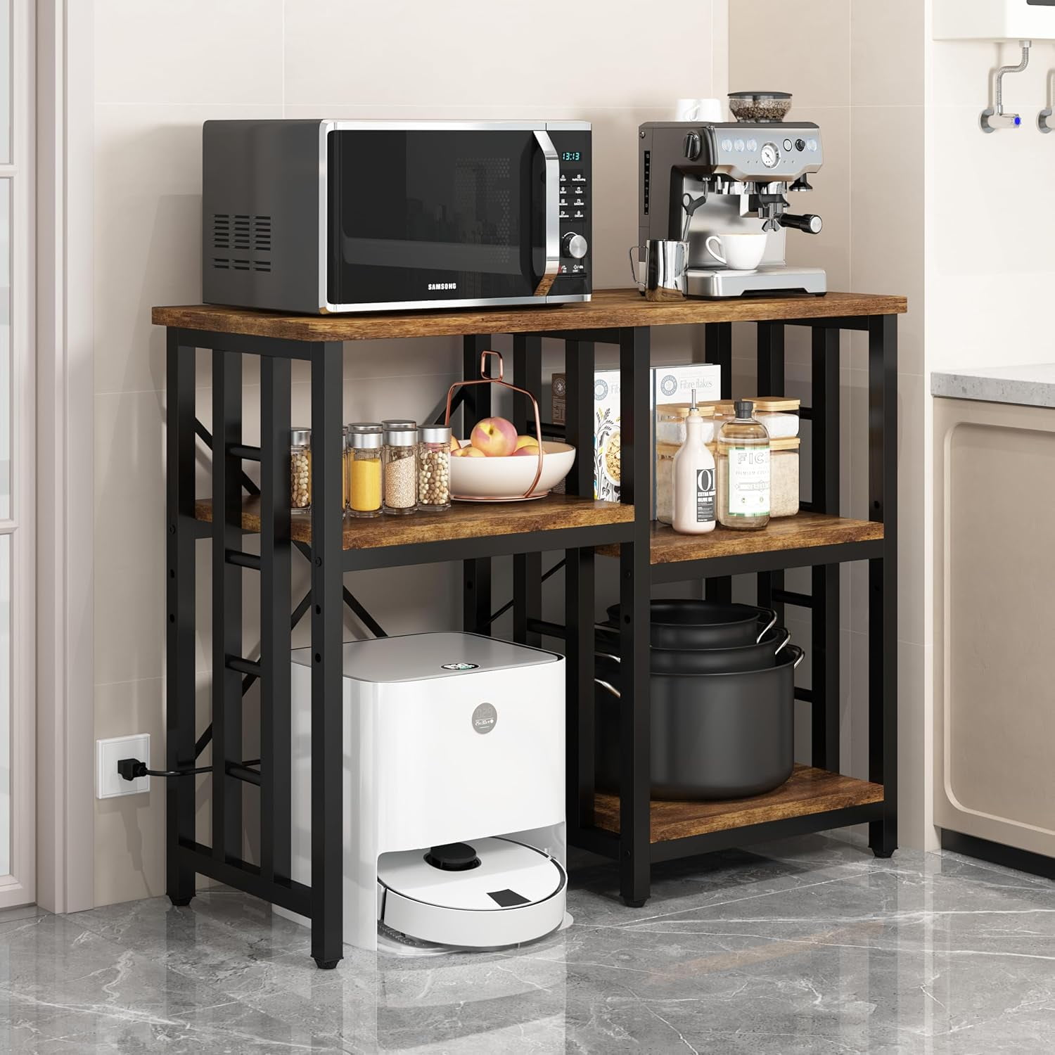 4-Tier Kitchen Baker's Rack with Power Outlet, Mini Fridge & Microwave ...