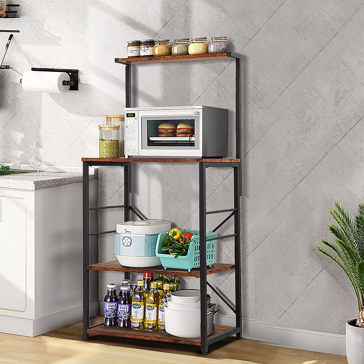 4-Tier Kitchen Bakers Rack with Hutch Microwave Oven Stand Industrial ...