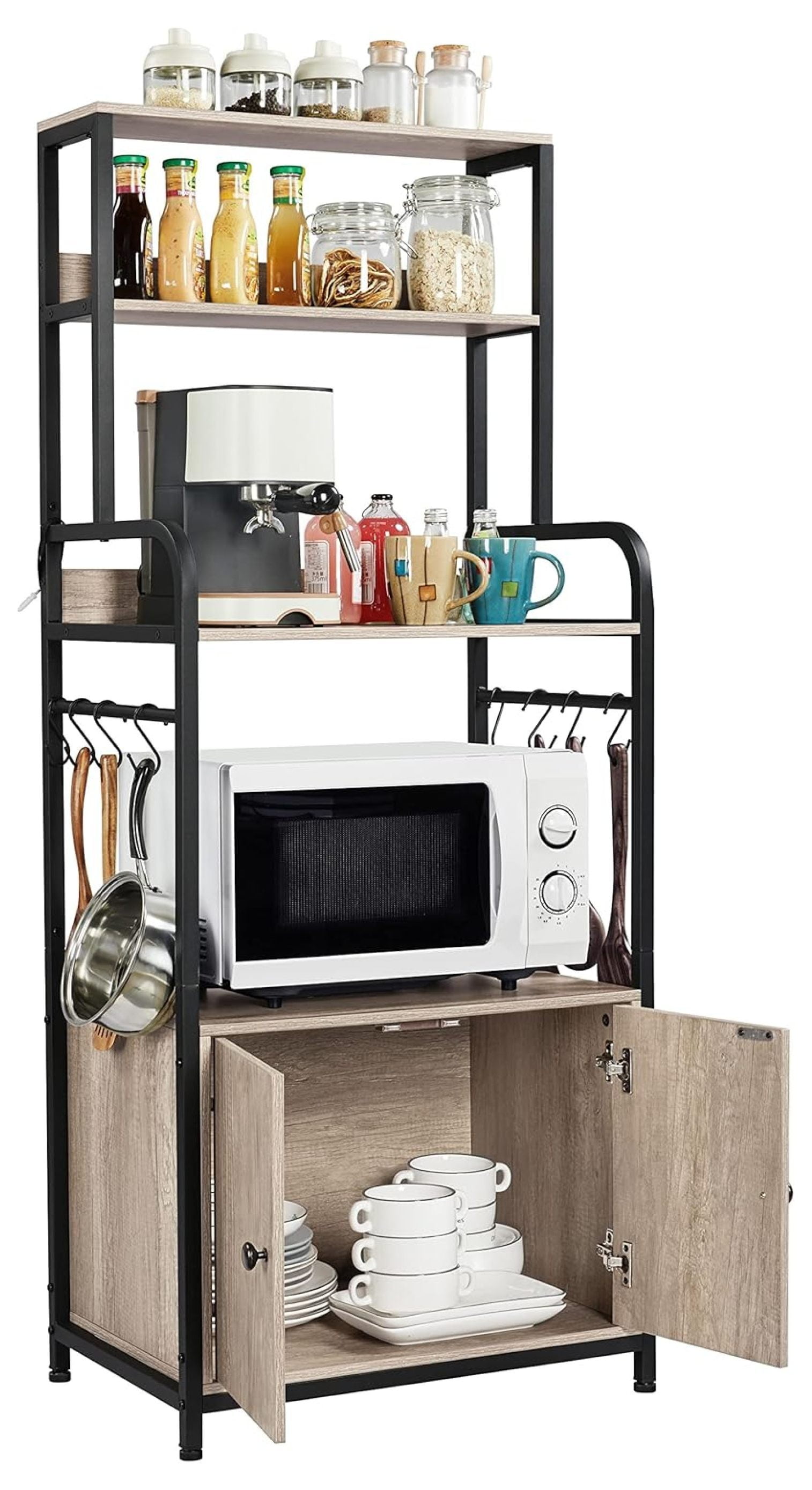 4-Tier Kitchen Bakers Rack with Storage Cabinet and Hutch, Microwave ...