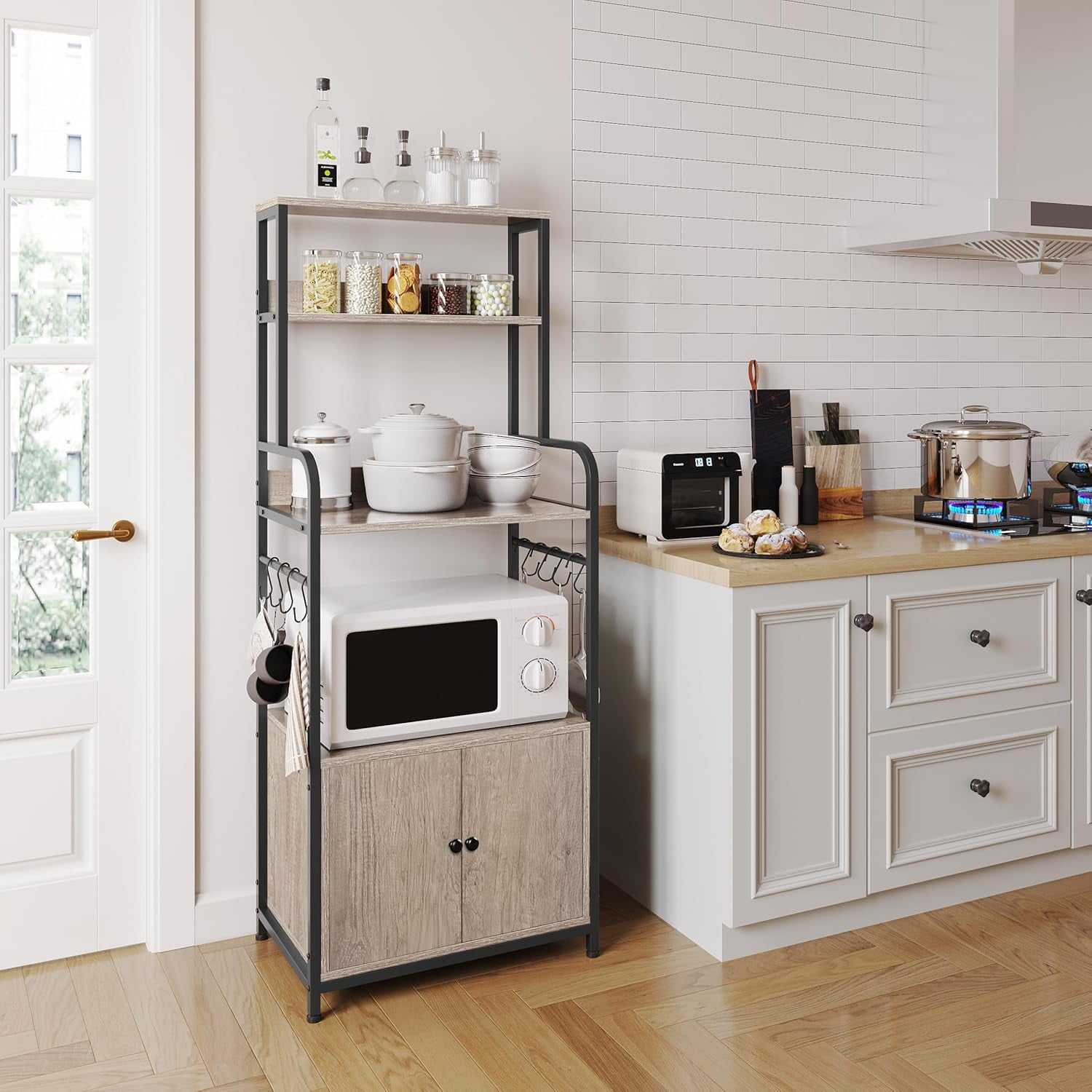 4-Tier Kitchen Bakers Rack with Storage Cabinet and Hutch, Microwave ...