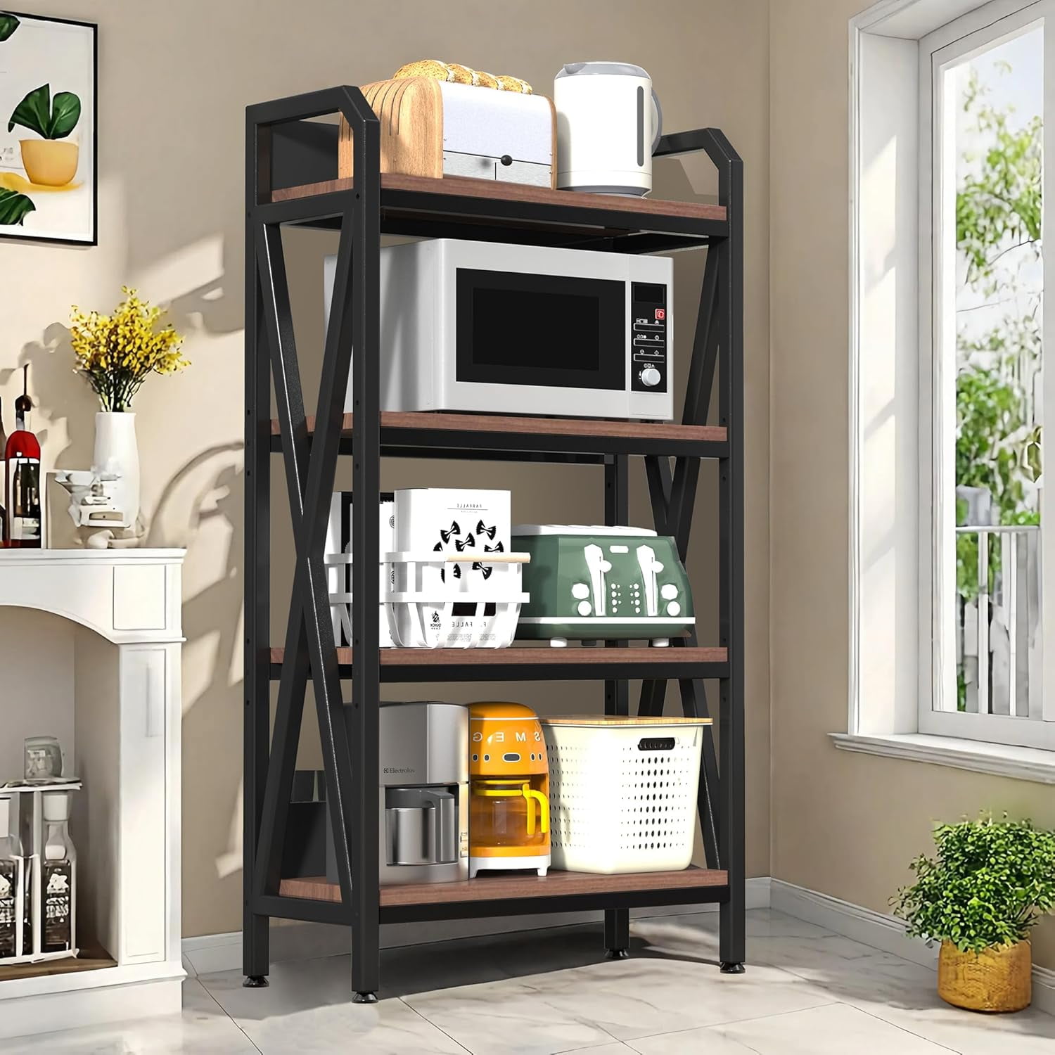 4-Tier Kitchen Bakers Rack with Storage, 56in Microwave Stand, Bookcase ...