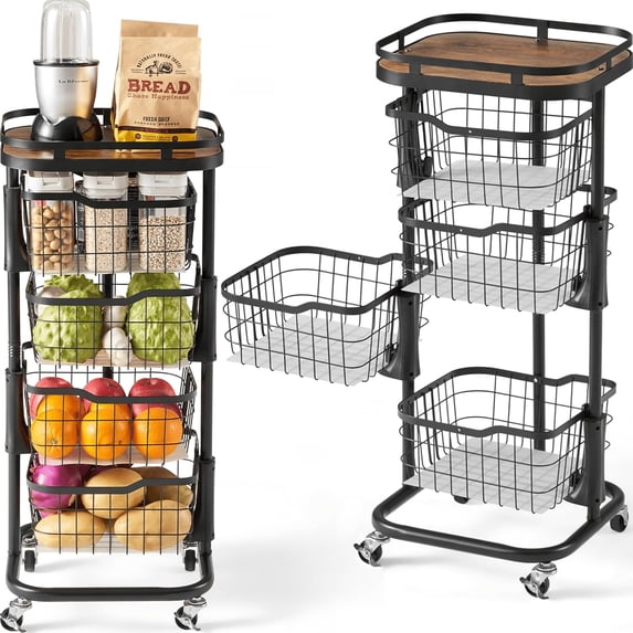 4 Tier Kitchen Fruit Vegetable Storage Cart with Rotating Baskets ...