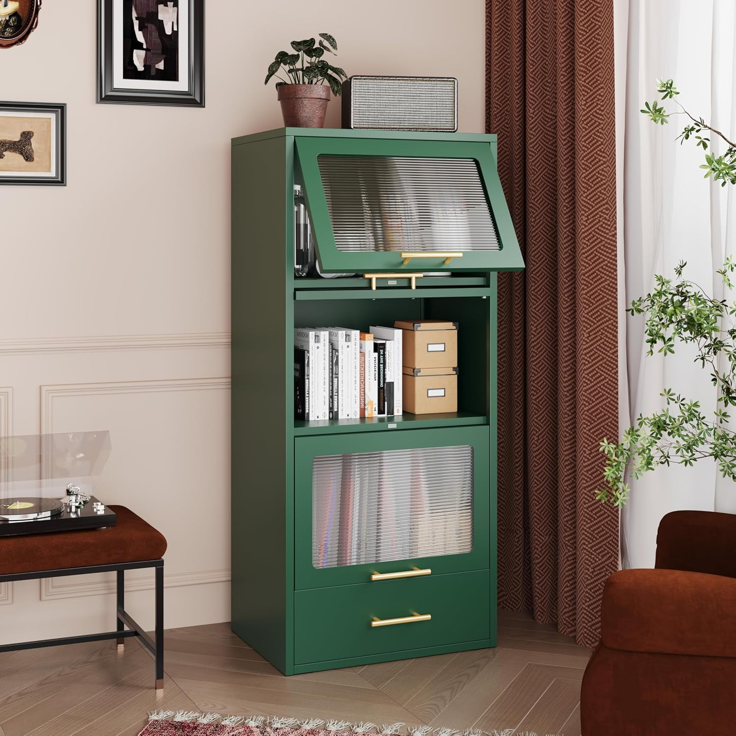 4-Tier Kitchen Pantry Cabinet, Display Storage Cabinet with 3 Flip-up ...