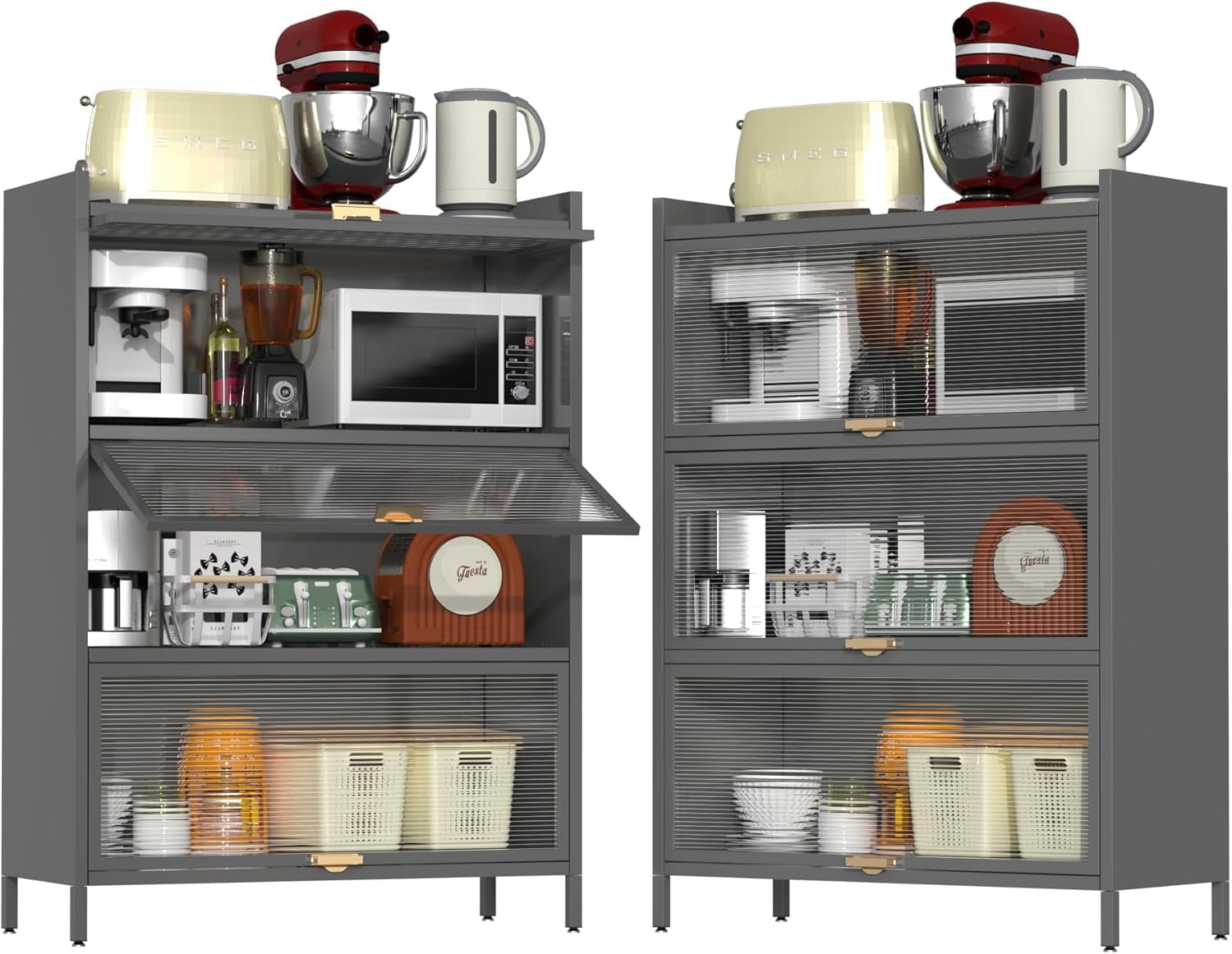 4 Tier Kitchen Pantry Storage Cabinet, Microwave Stand with Flip-up ...