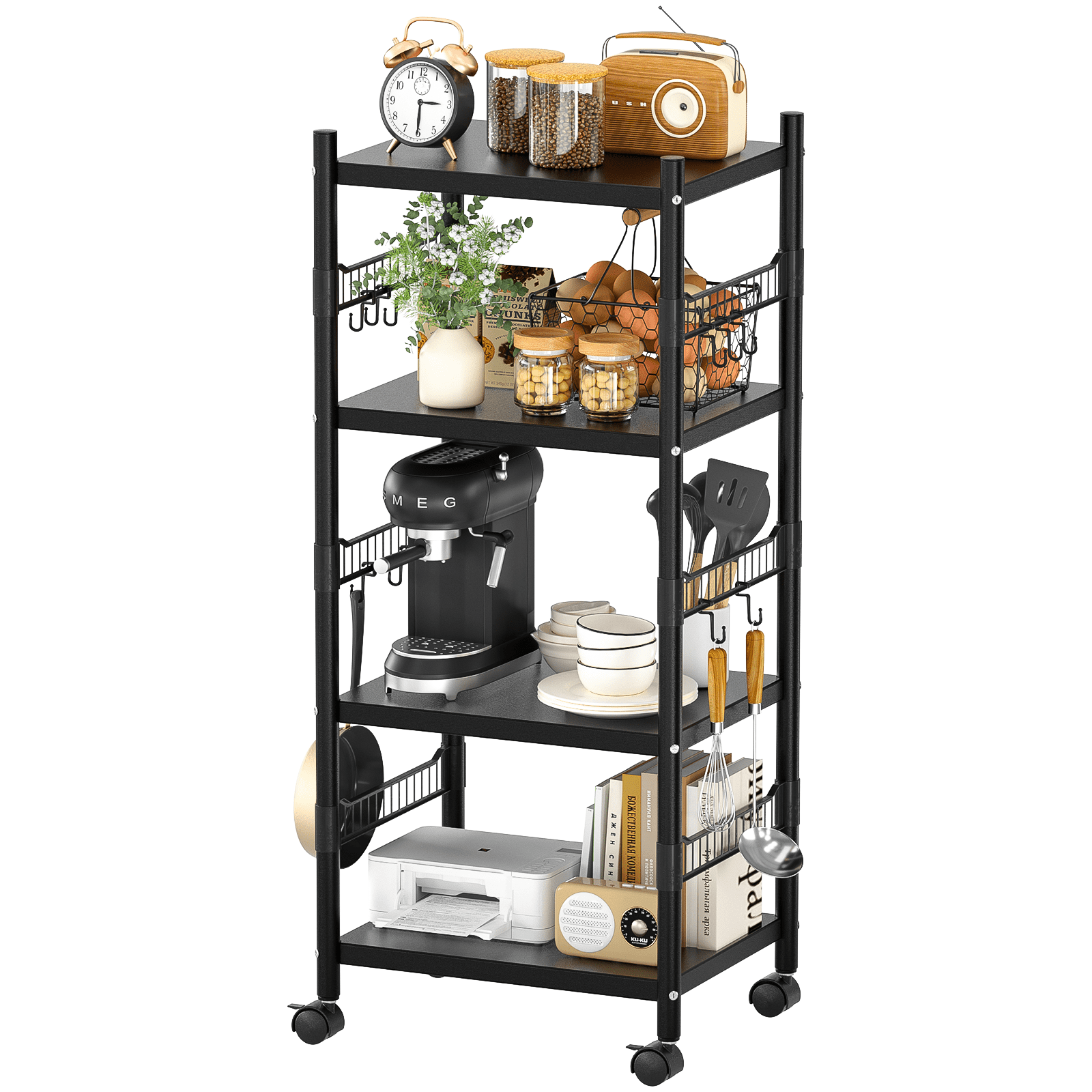 4-Tier Kitchen Rolling Cart, Utility Shelf Microwave Stand Storage Cart ...