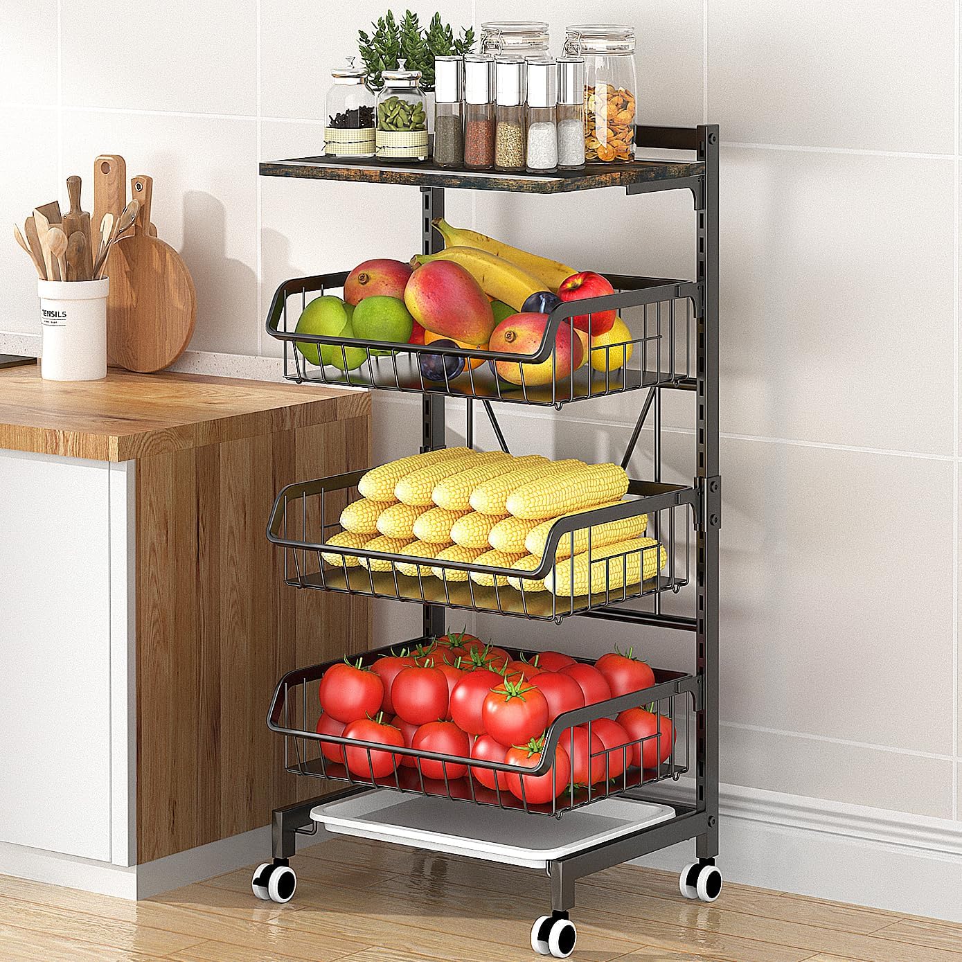 4-Tier Kitchen Snack Cart with Wheels – Versatile Rolling Storage Cart ...