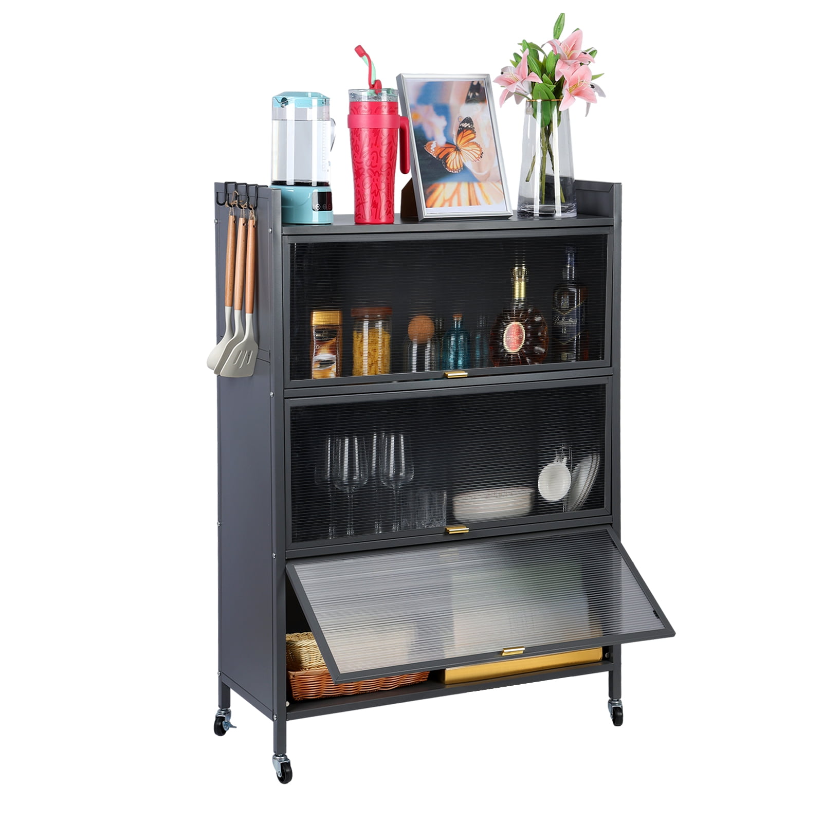 4 Tier Kitchen Storage Cabinet, Kitchen Bakers Rack with Visible Doors ...