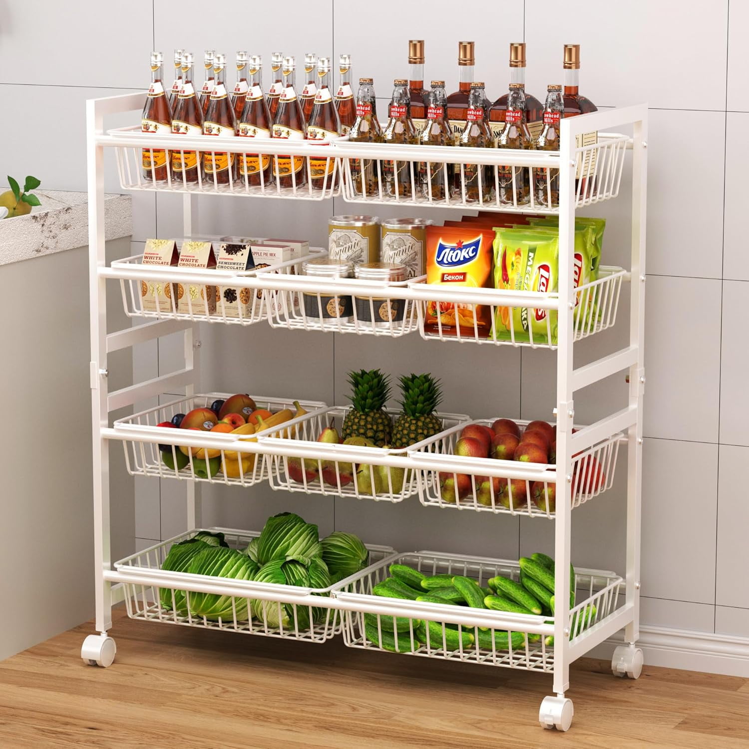 4-Tier Kitchen Storage Cart, Adjustable Rolling Pantry Storage Cart ...