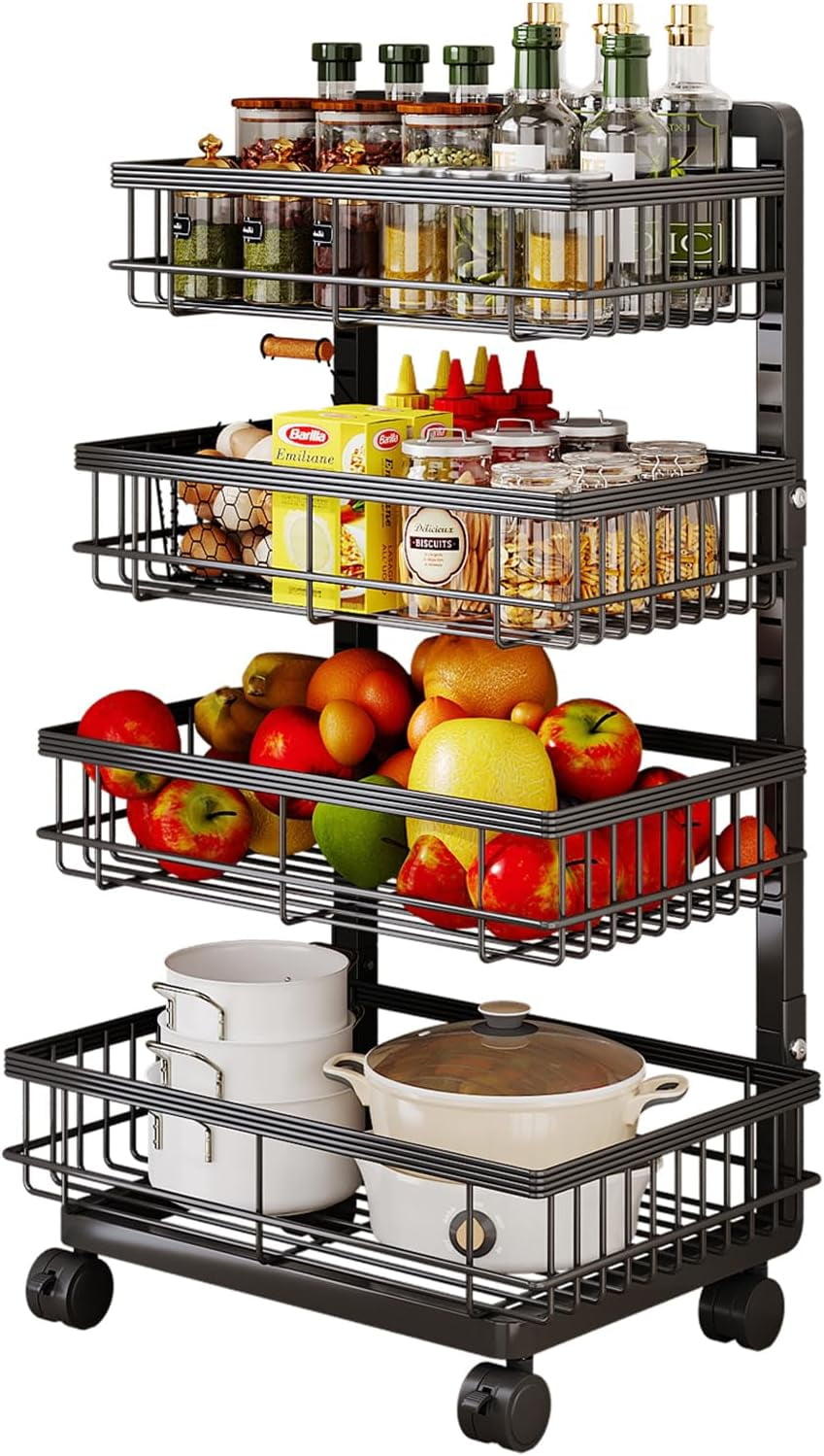 4-Tier Kitchen Storage Cart, Metal Utility Rolling Cart with Wheels ...