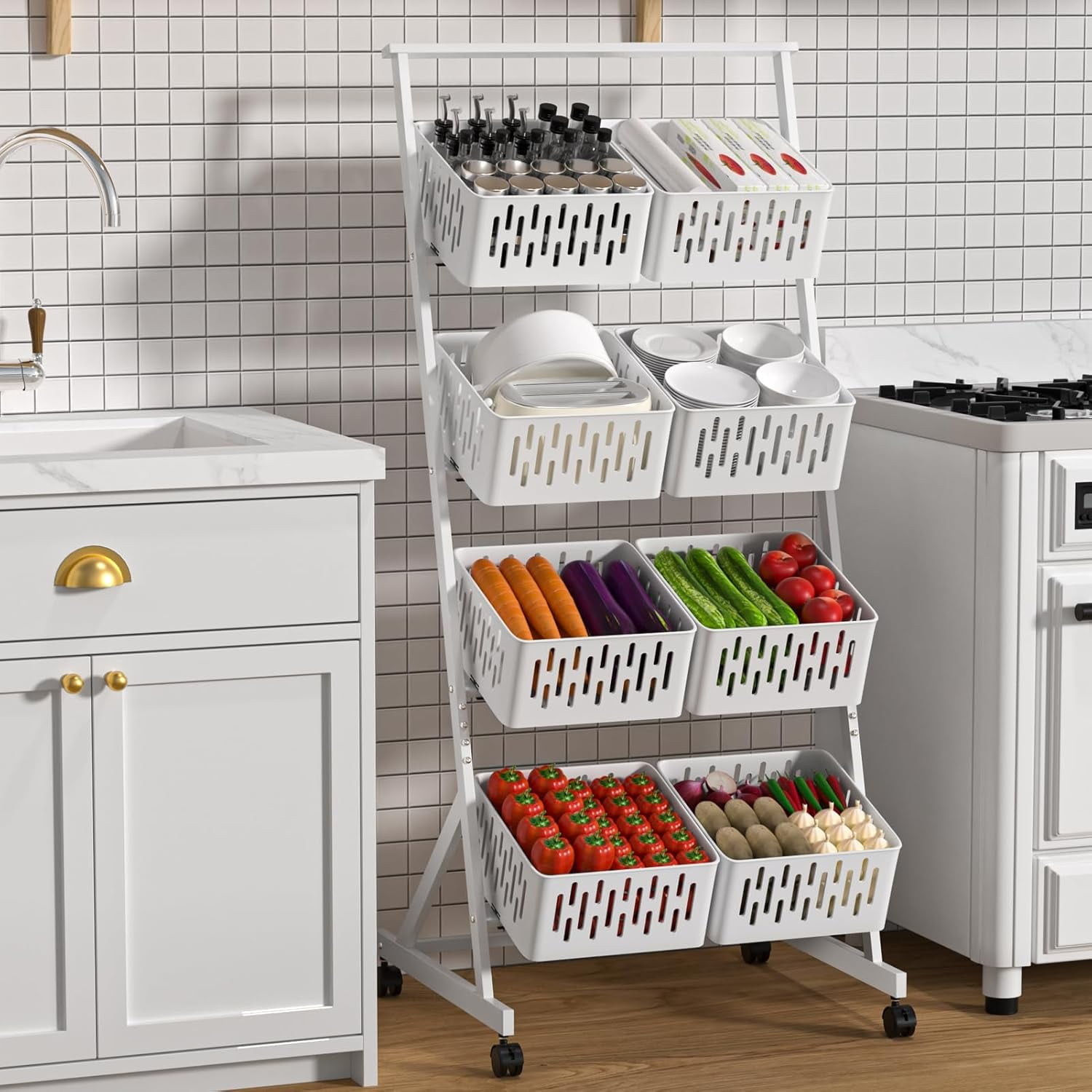 4-Tier Kitchen Storage Rack,Fruit Vegetable Storage Basket,Rolling Cart ...