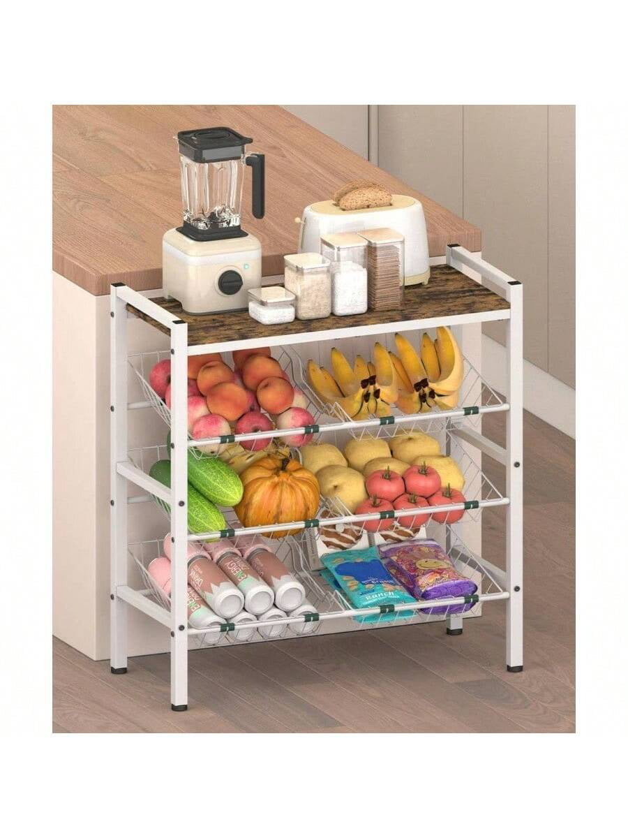 4 - Tier Kitchen Storage Rack, Metal Pantry Storage Stand With 6 Fruit ...