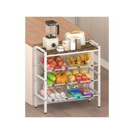 4 - Tier Kitchen Storage Rack, Metal Pantry Storage Stand With 6 Fruit ...