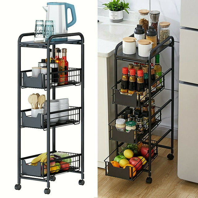 4-Tier Kitchen Storage Rolling Cart Pull-out Shelf Slide Out Trolley ...
