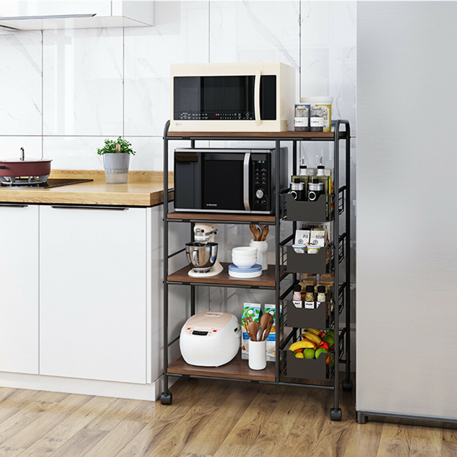 4-Tier Kitchen Storage Shelf with 5 Push-Pull Drawers, Metal Frame ...