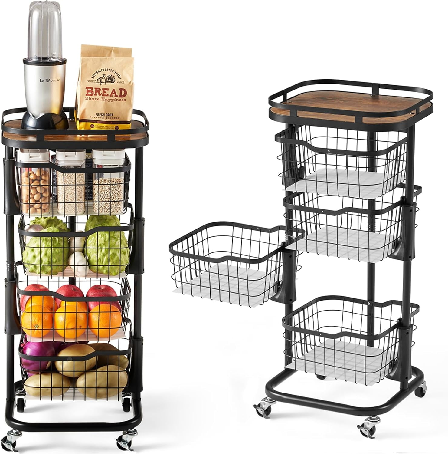 4 Tier Kitchen Vegetable Storage Cart Fruit Basket with Rotating Bowls ...