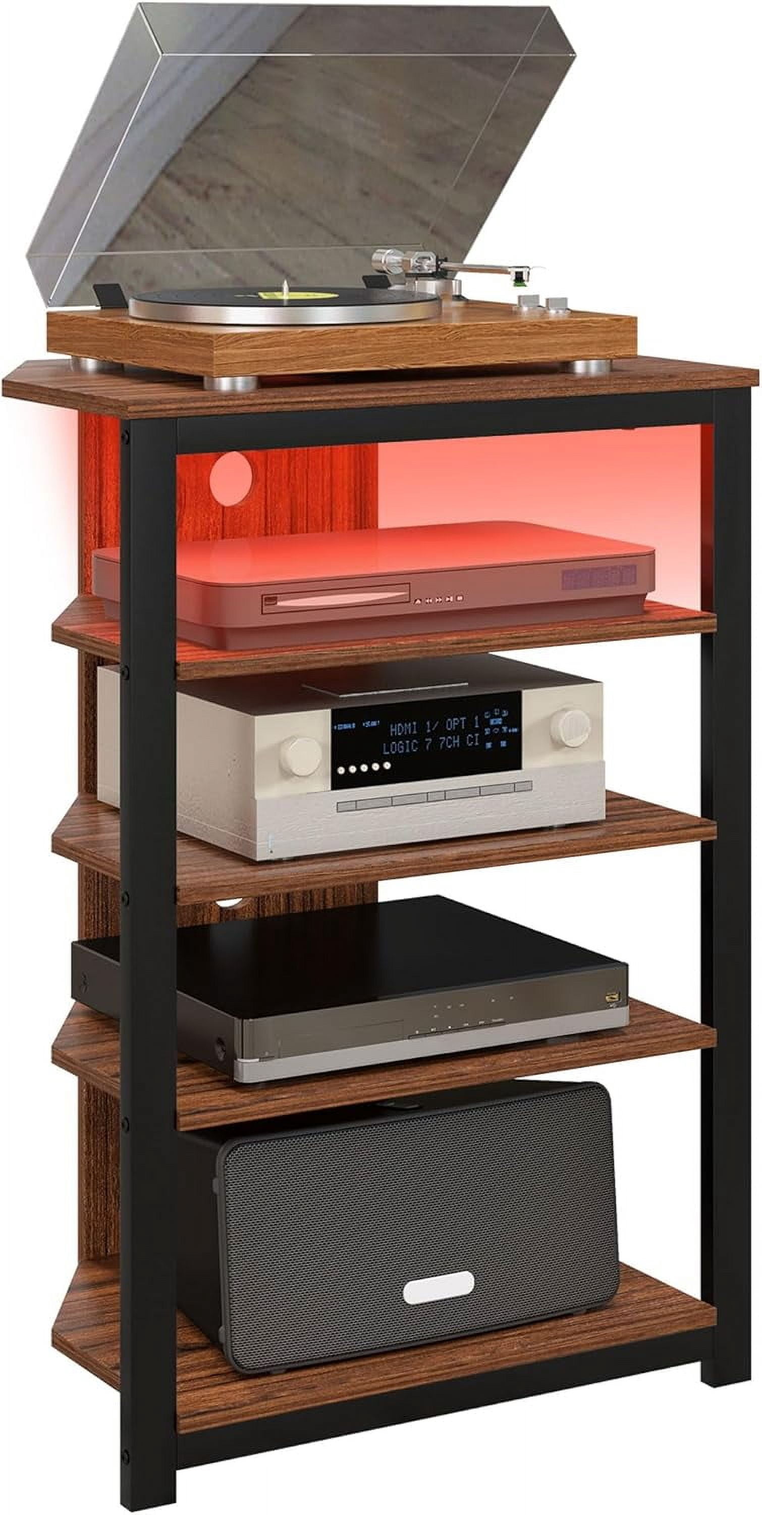 4-Tier LED Media Stand - AV Corner Shelf with Cable Management, Brown ...