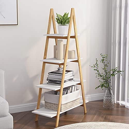 4-Tier Ladder Bookcase with Solid Bamboo Frame A Shape Multifunctional ...