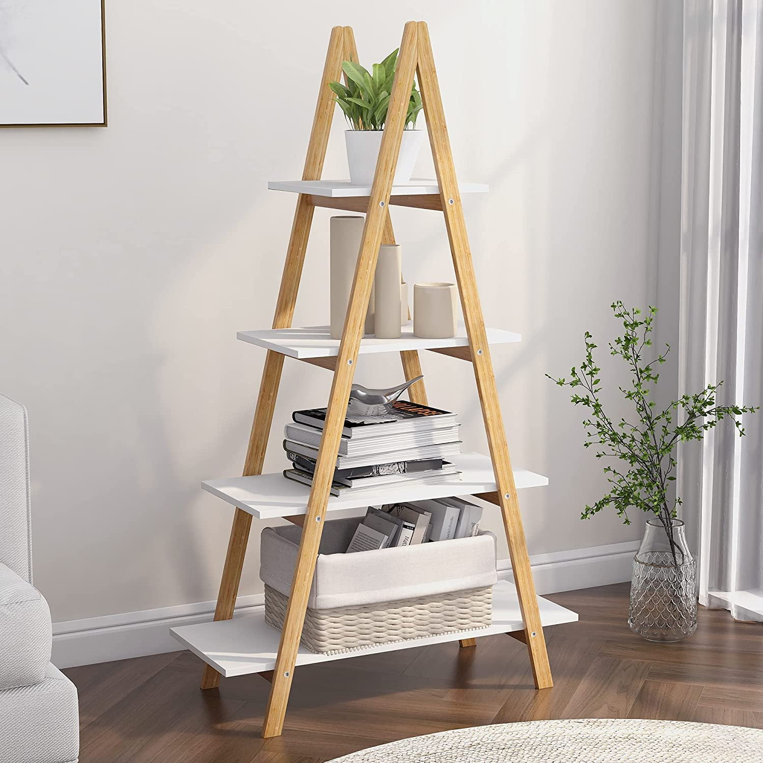 4-Tier Ladder Bookcase with Solid Bamboo Frame A Shape Multifunctional ...
