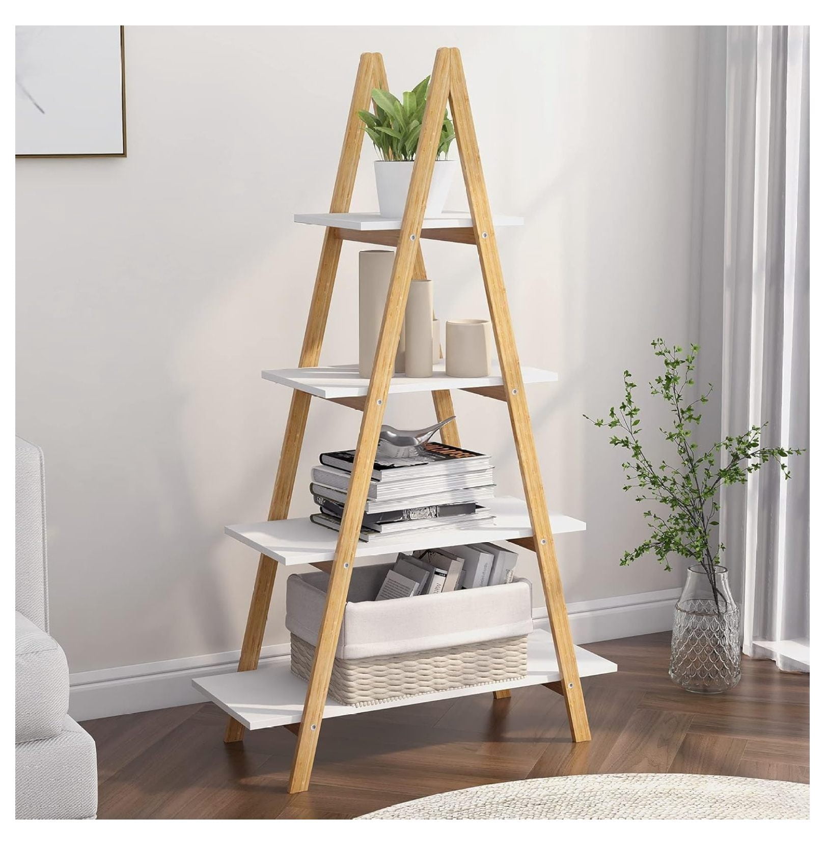 4-Tier Ladder Bookshelf with Bamboo Frame, A-Shape Display Shelf ...