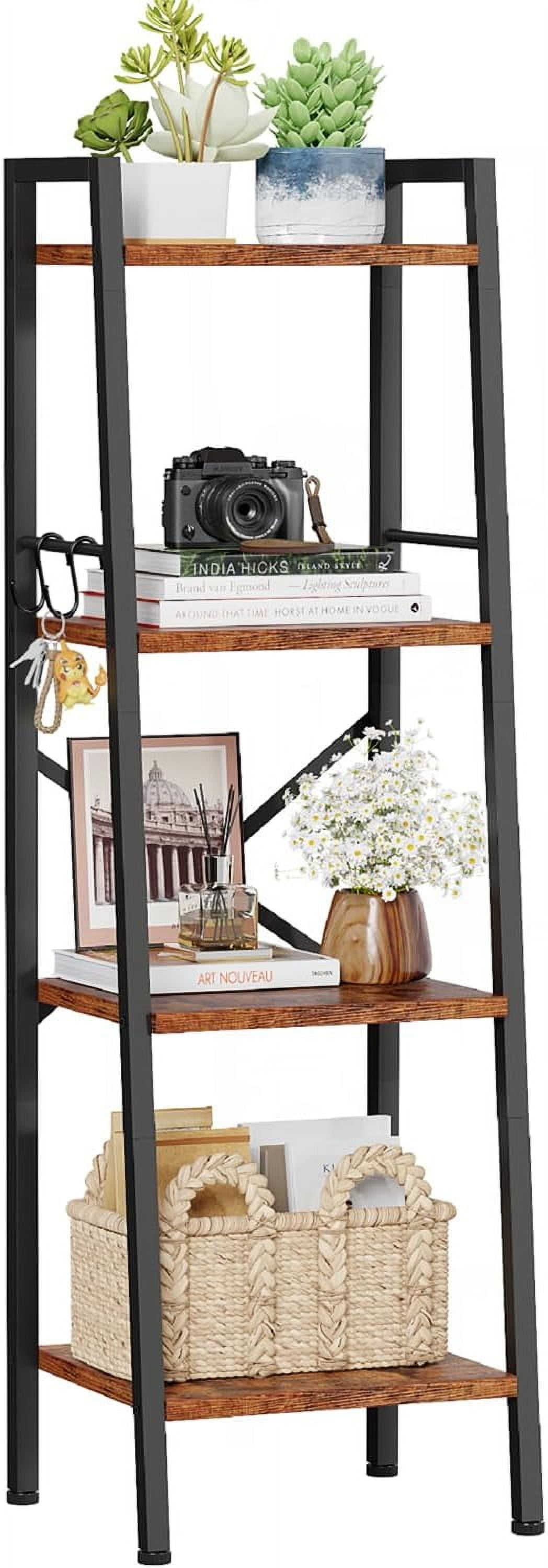 4 Tier Ladder Bookshelf Narrow, Metal Wooden Ladder Shelf Bookcase with ...